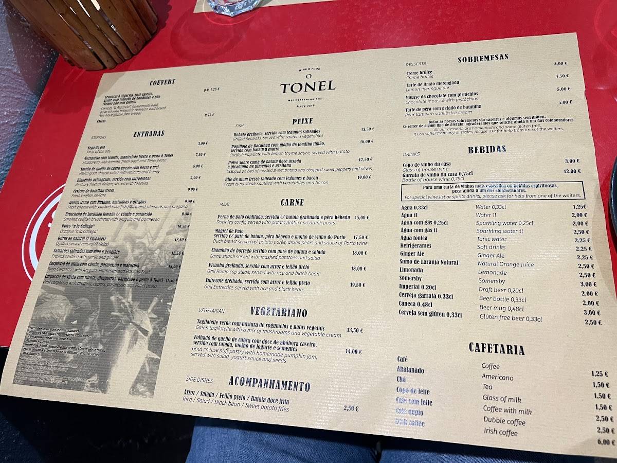 Menu at O Tonel restaurant, Tavira