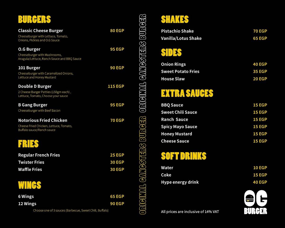 Menu au OG Burger restaurant, Sheikh Zayed City