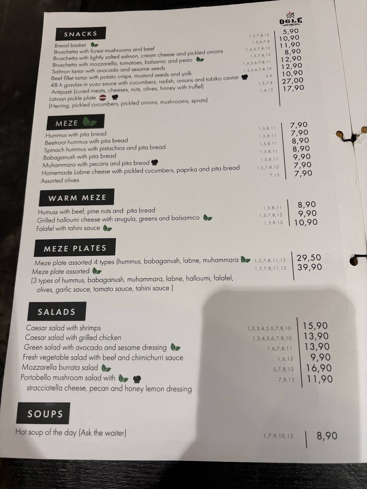 Menu at OGLE restaurant, Riga, Kaļķu iela 4