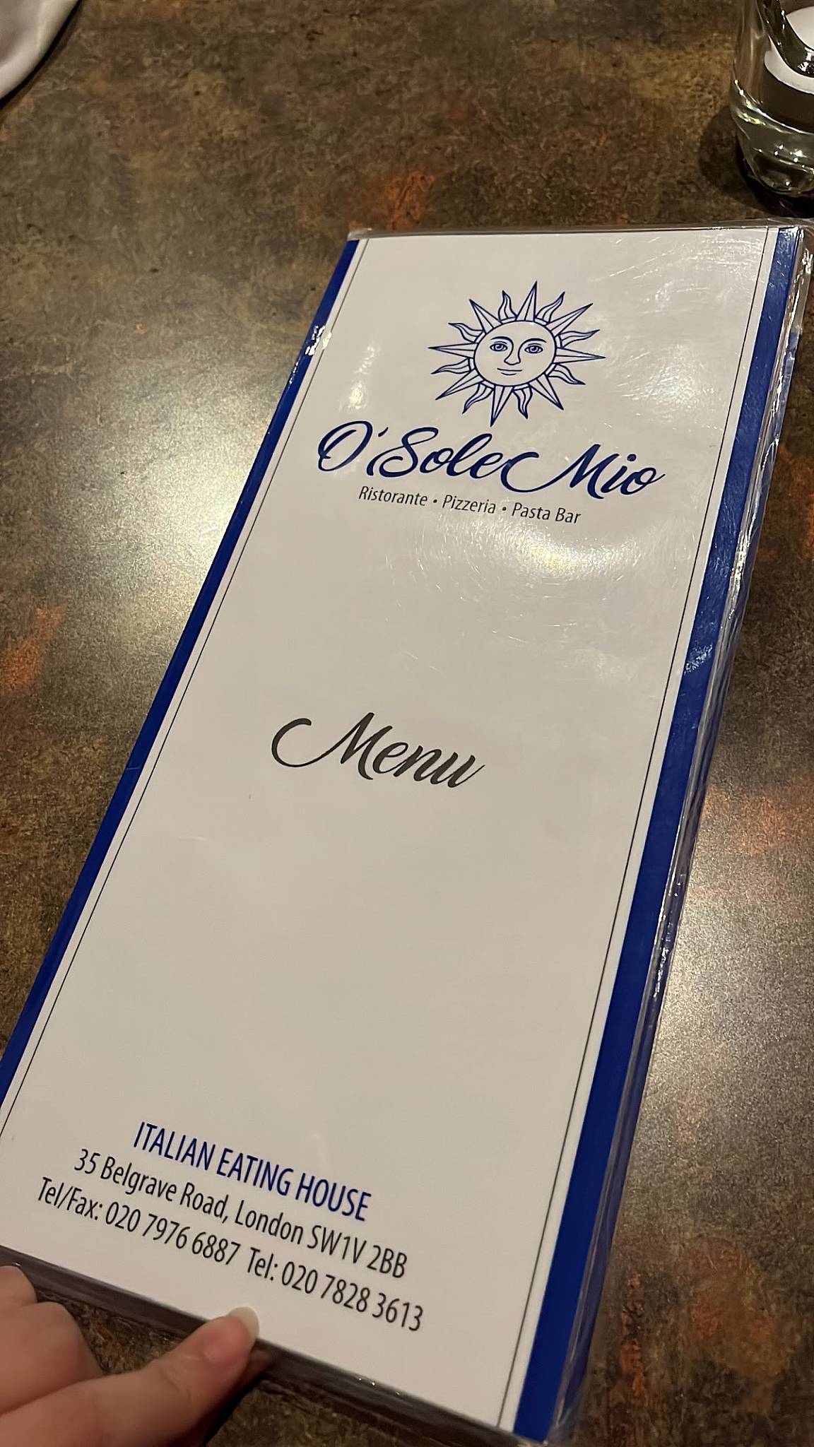 Menu at O'Sole Mio restaurant, London