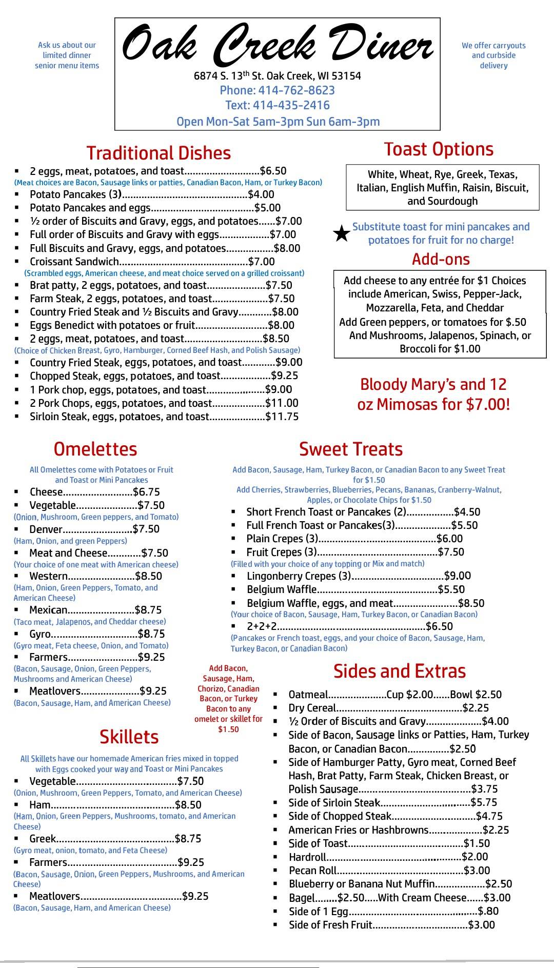 Menu at Oak Creek Diner restaurant, Oak Creek