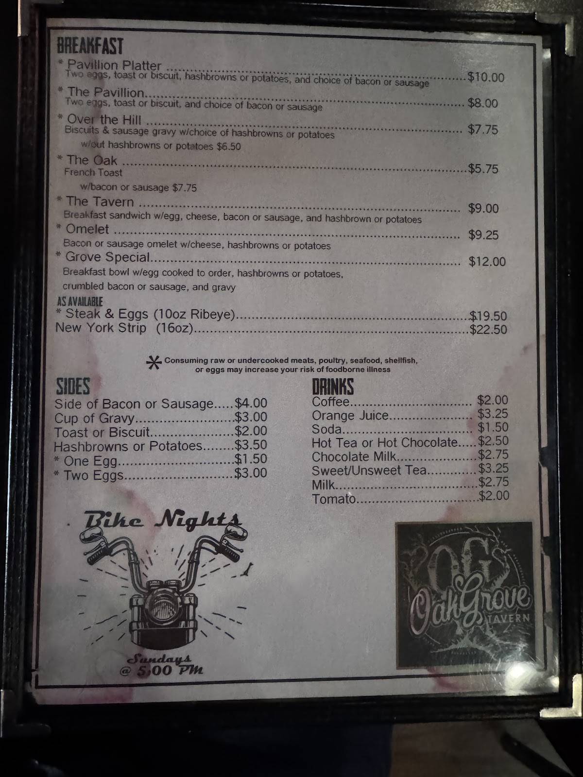 Menu at Oak Grove Tavern pub & bar, Columbus