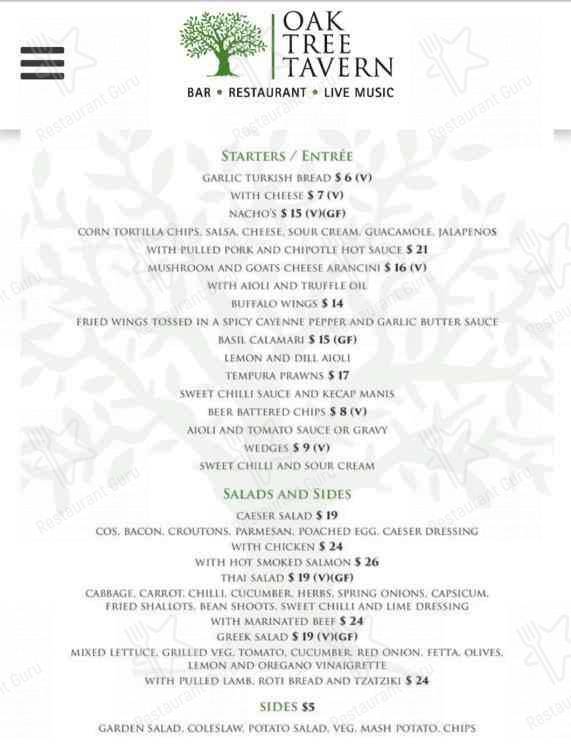 Menu at The Oak Tree Tavern restaurant, The Basin