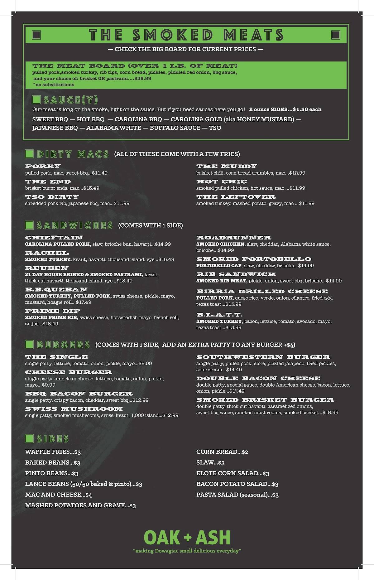 Menu at Oak and Ash BBQ & Catering, Dowagiac