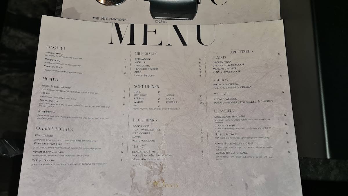 Menu at Oasis Lounge pub & bar, Glasgow
