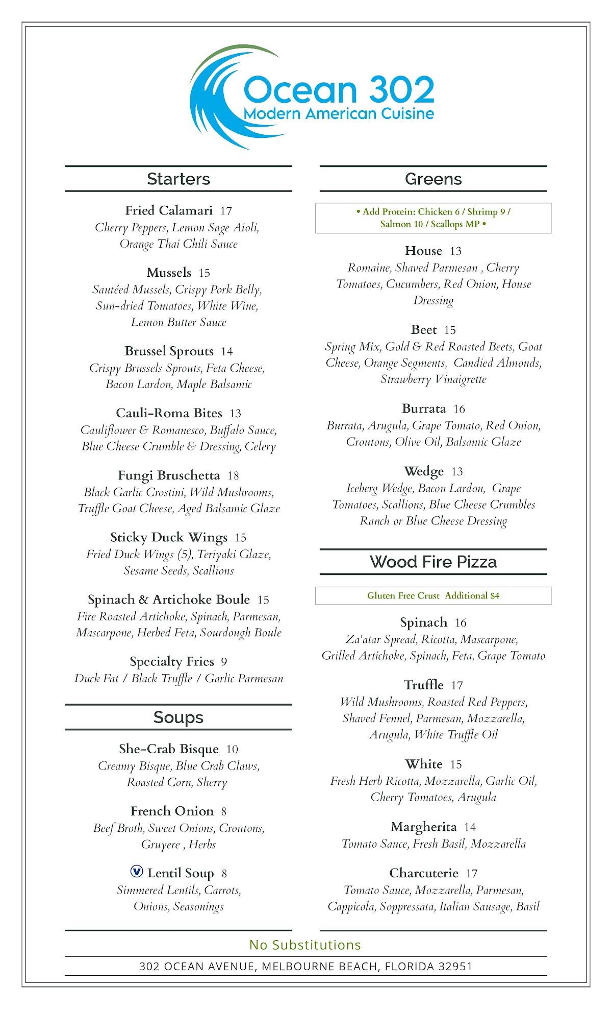 Menu at Ocean 302 steakhouse, Melbourne Beach