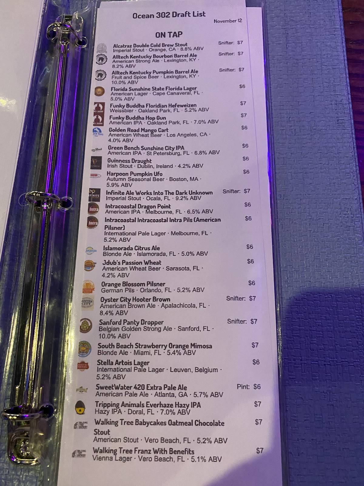 Menu at Ocean 302 steakhouse, Melbourne Beach