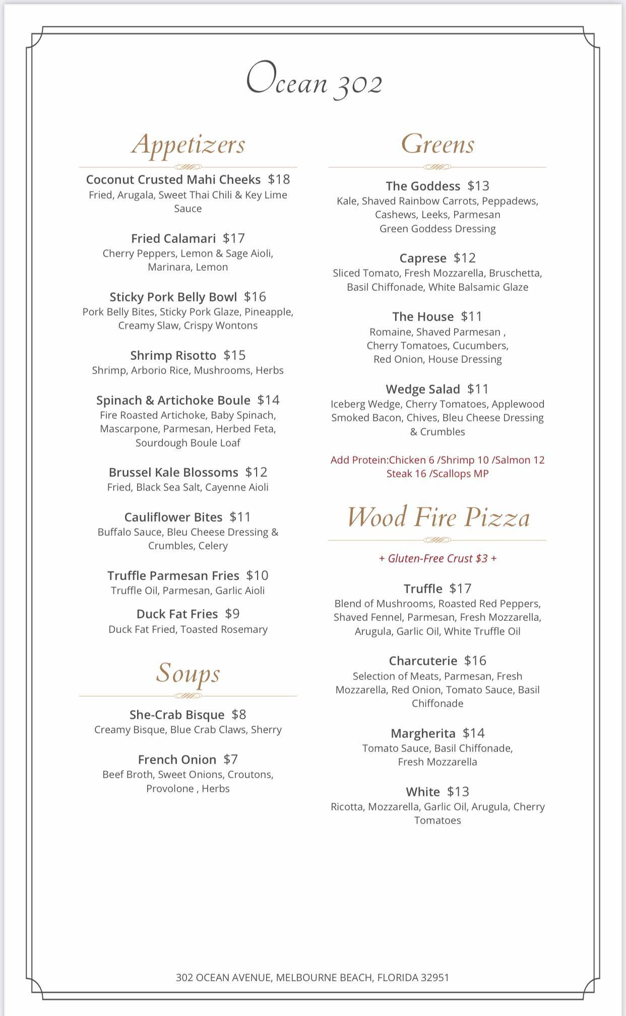 Menu at Ocean 302 steakhouse, Melbourne Beach