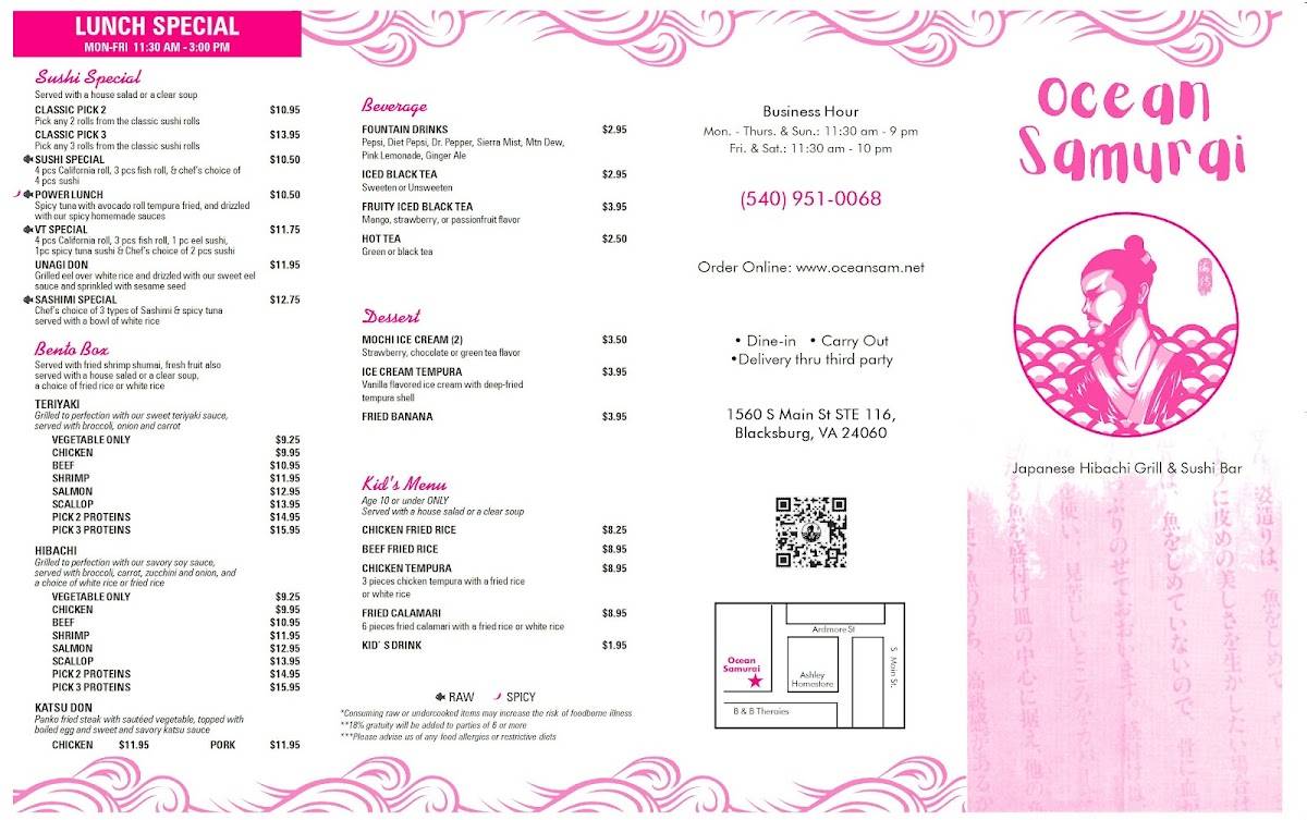Menu at Ocean Samurai restaurant, Blacksburg