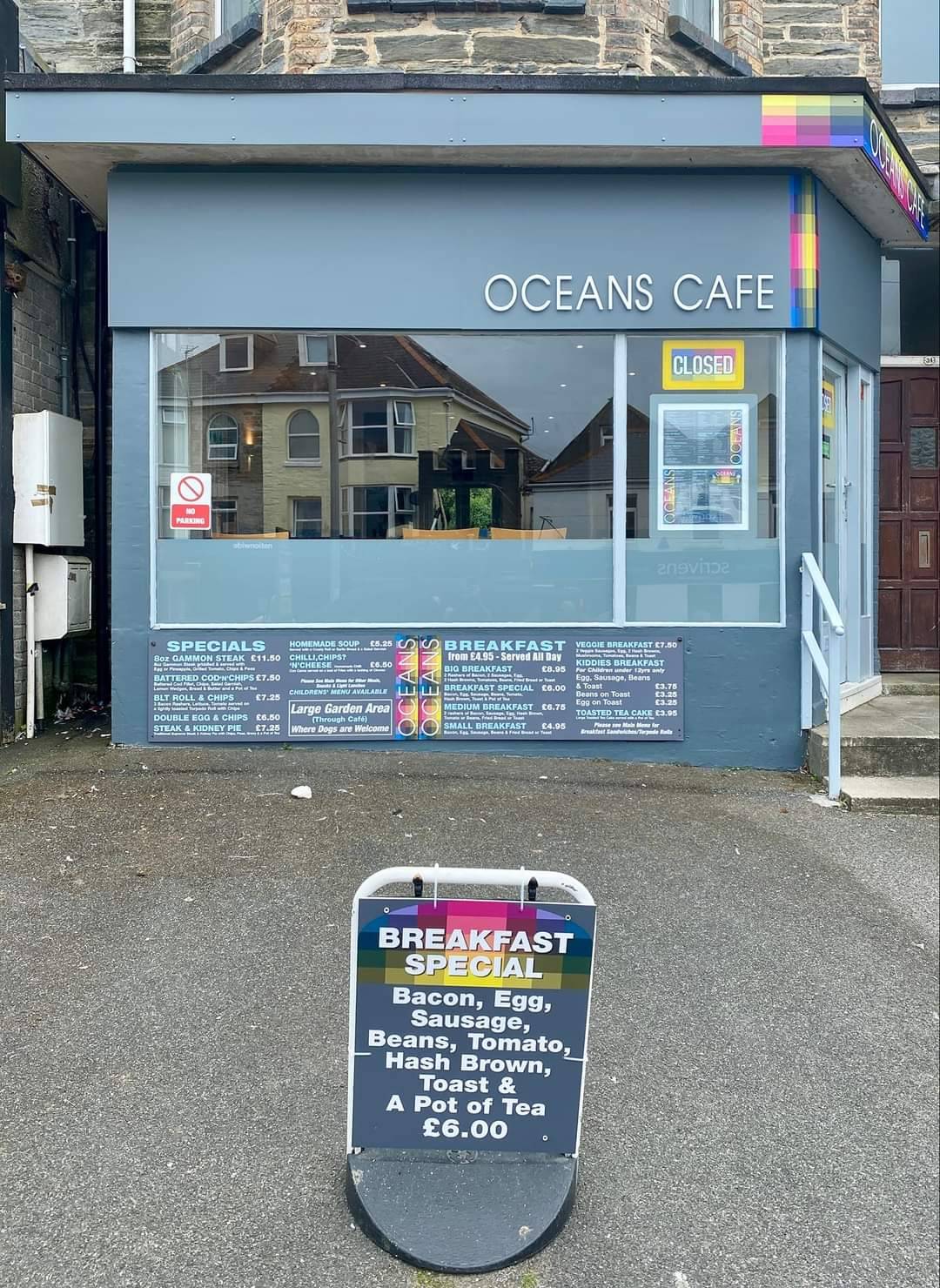 Menu at Oceans cafe, Newquay
