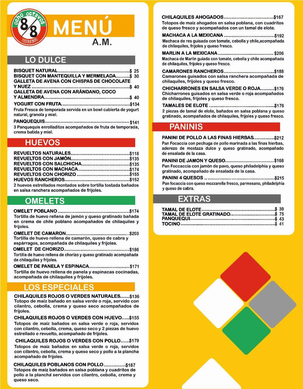 Carta del restaurante Ocho Octavos, Mazatlán