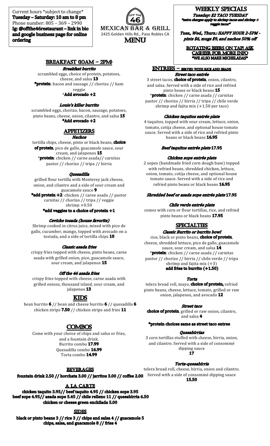 Menu at Off the 46 Mexican Bar & Grill, Paso Robles