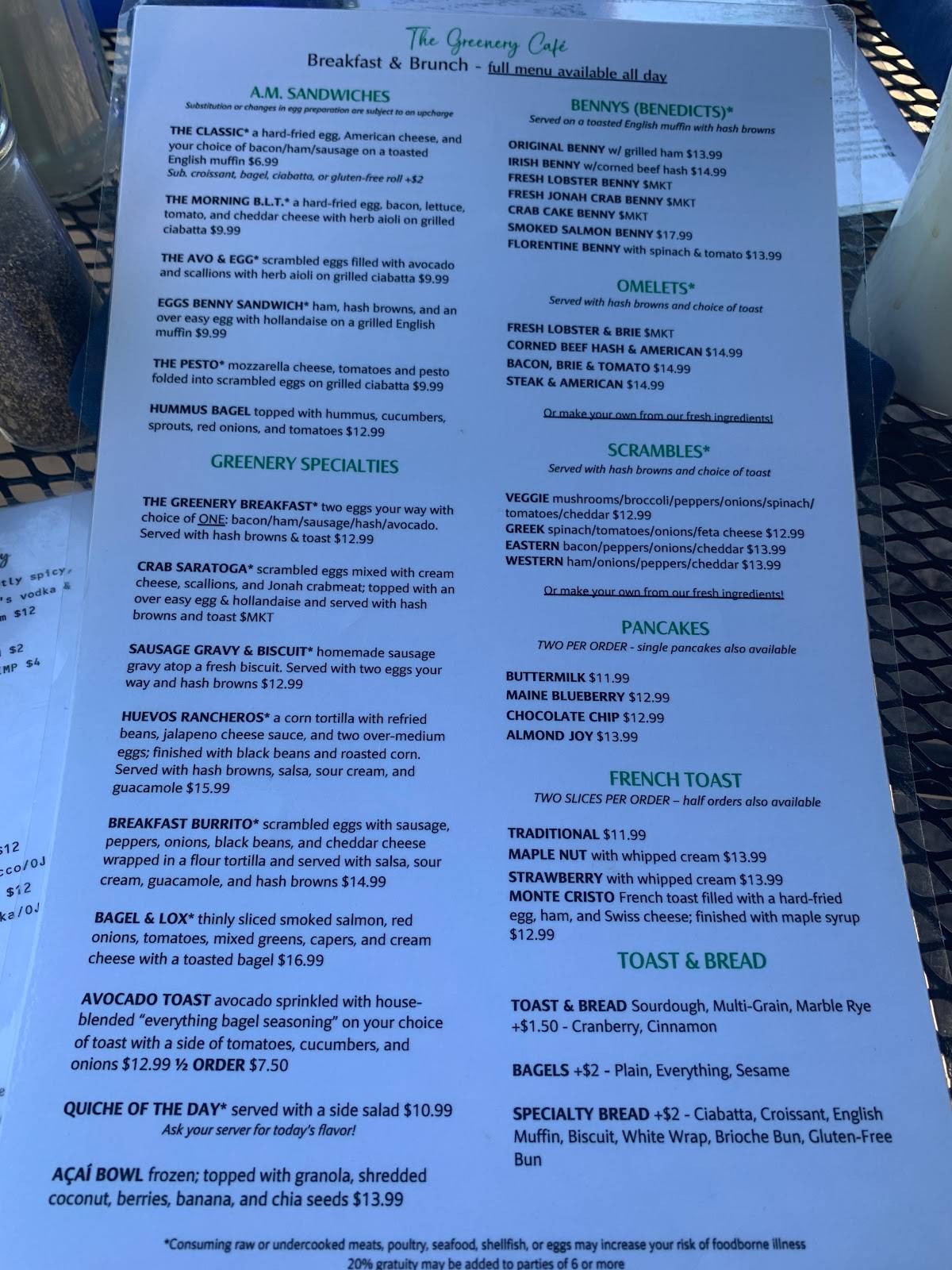 Menu at The Greenery Cafe, Ogunquit