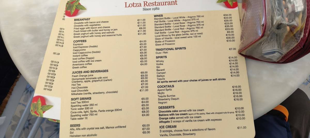 Menu at Lotza, Oia