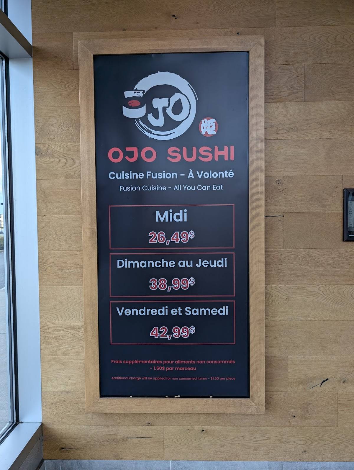 Menu au Ojo sushi restaurant, Montréal
