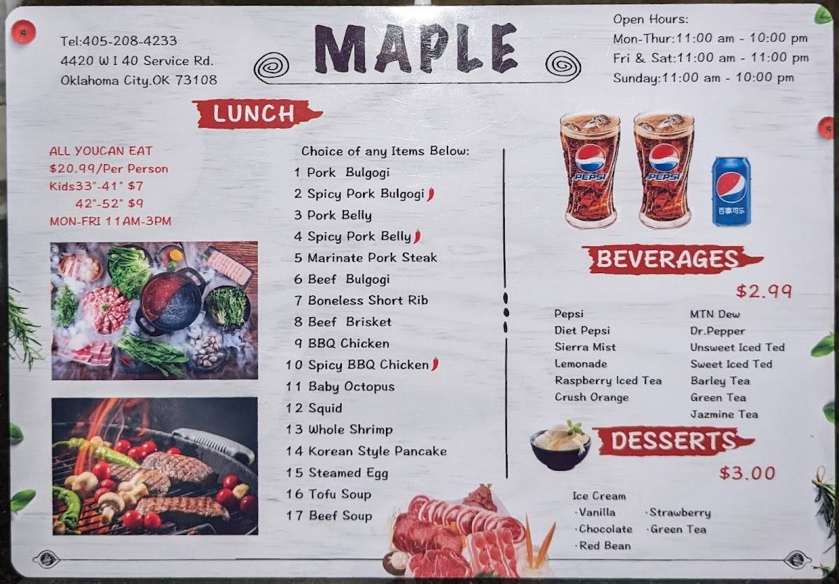 Menu at Maple Korean BBQ & Hot Pot, Oklahoma City