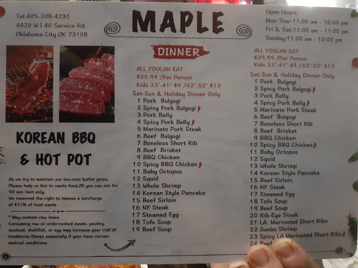 Menu at Maple Korean BBQ & Hot Pot, Oklahoma City