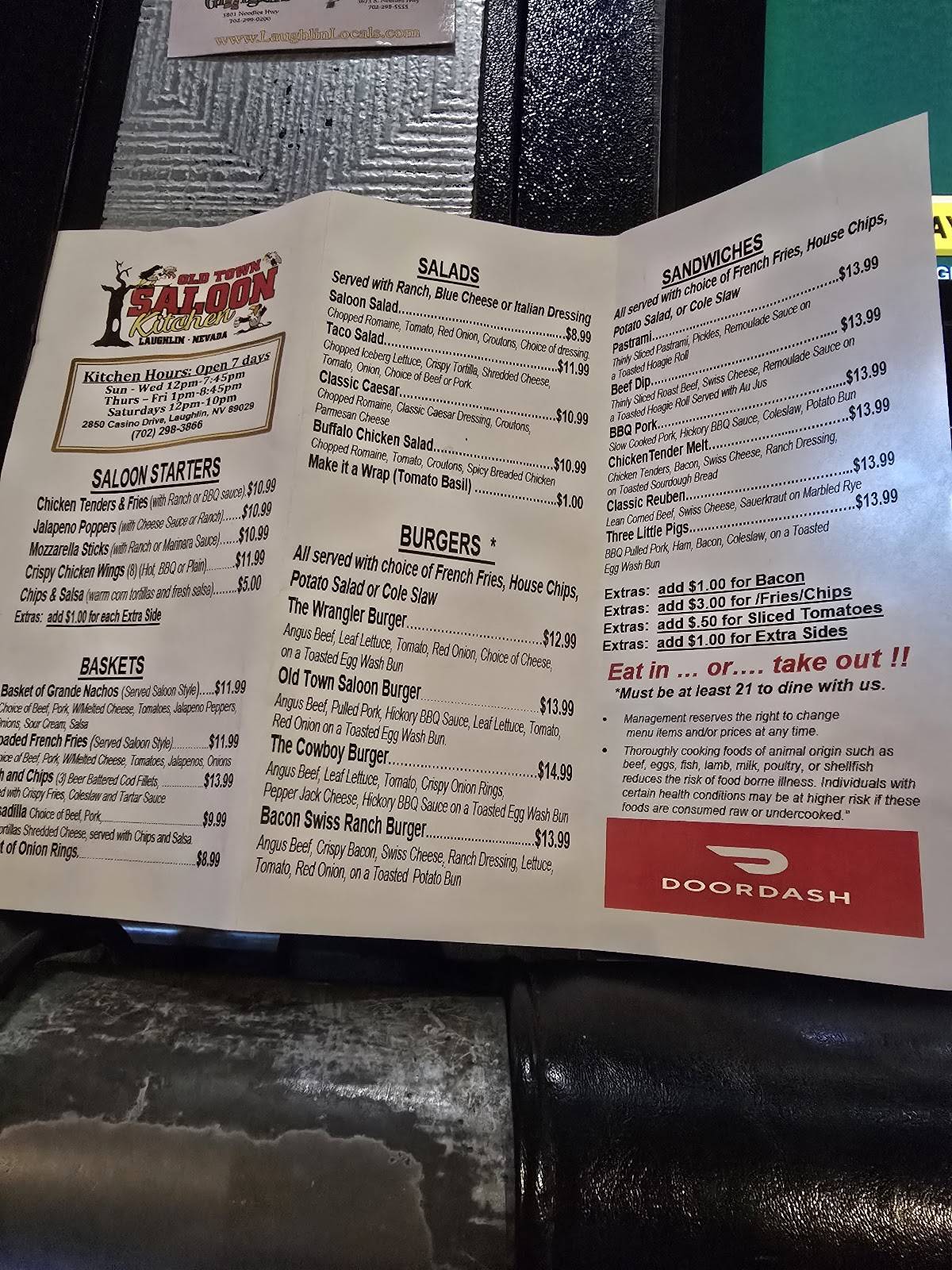 Menu at Old Town Saloon pub & bar, Laughlin, S Casino Dr