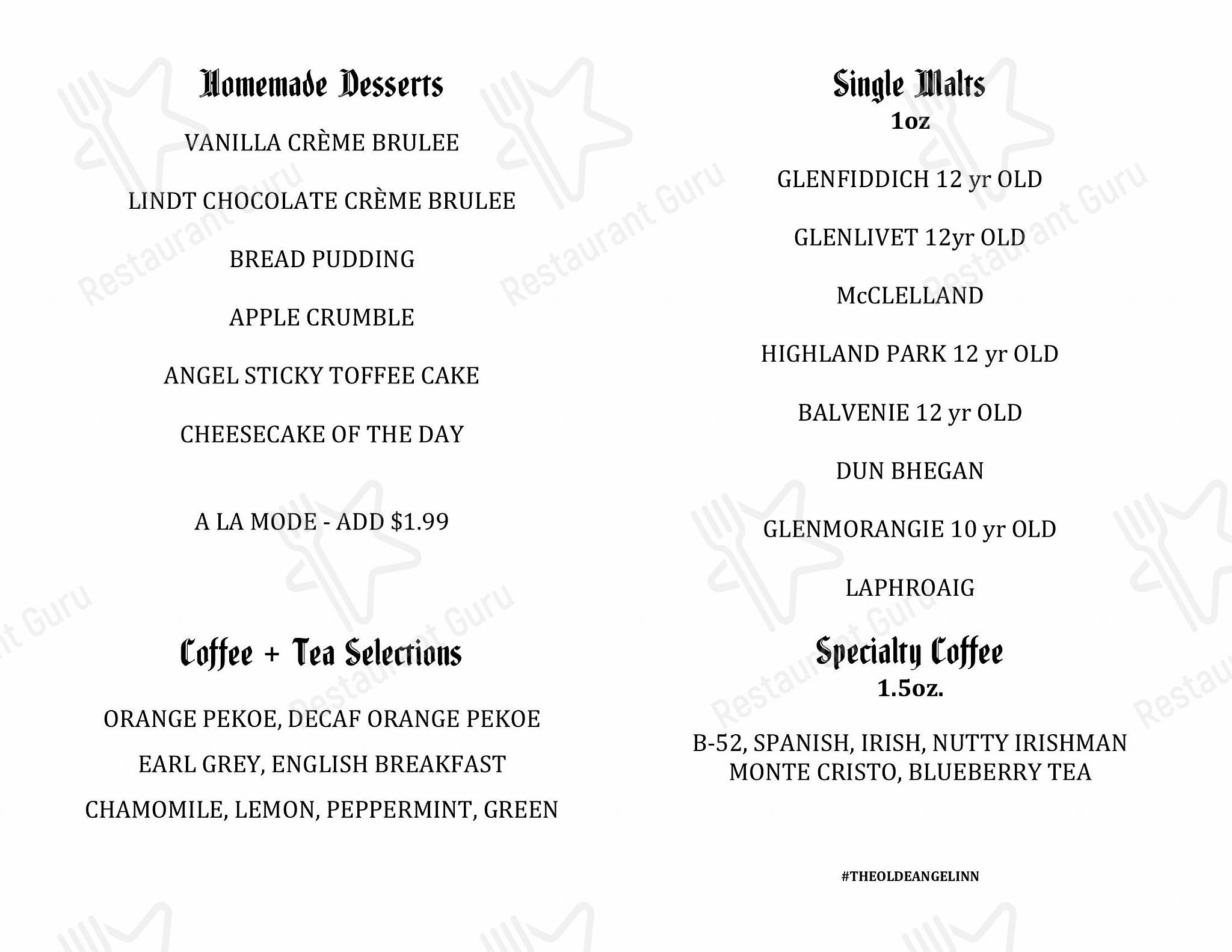 Menu at The Olde Angel Inn pub & bar, Niagara-on-the-Lake