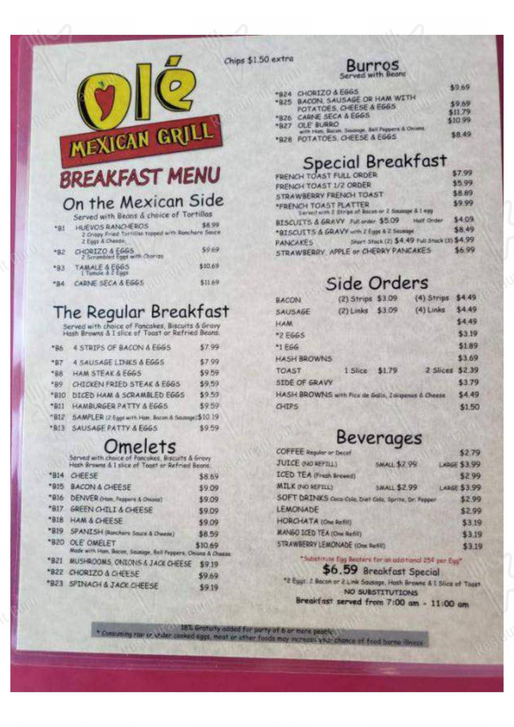 Menu at Ole' Mexican Grill restaurant, Tucson