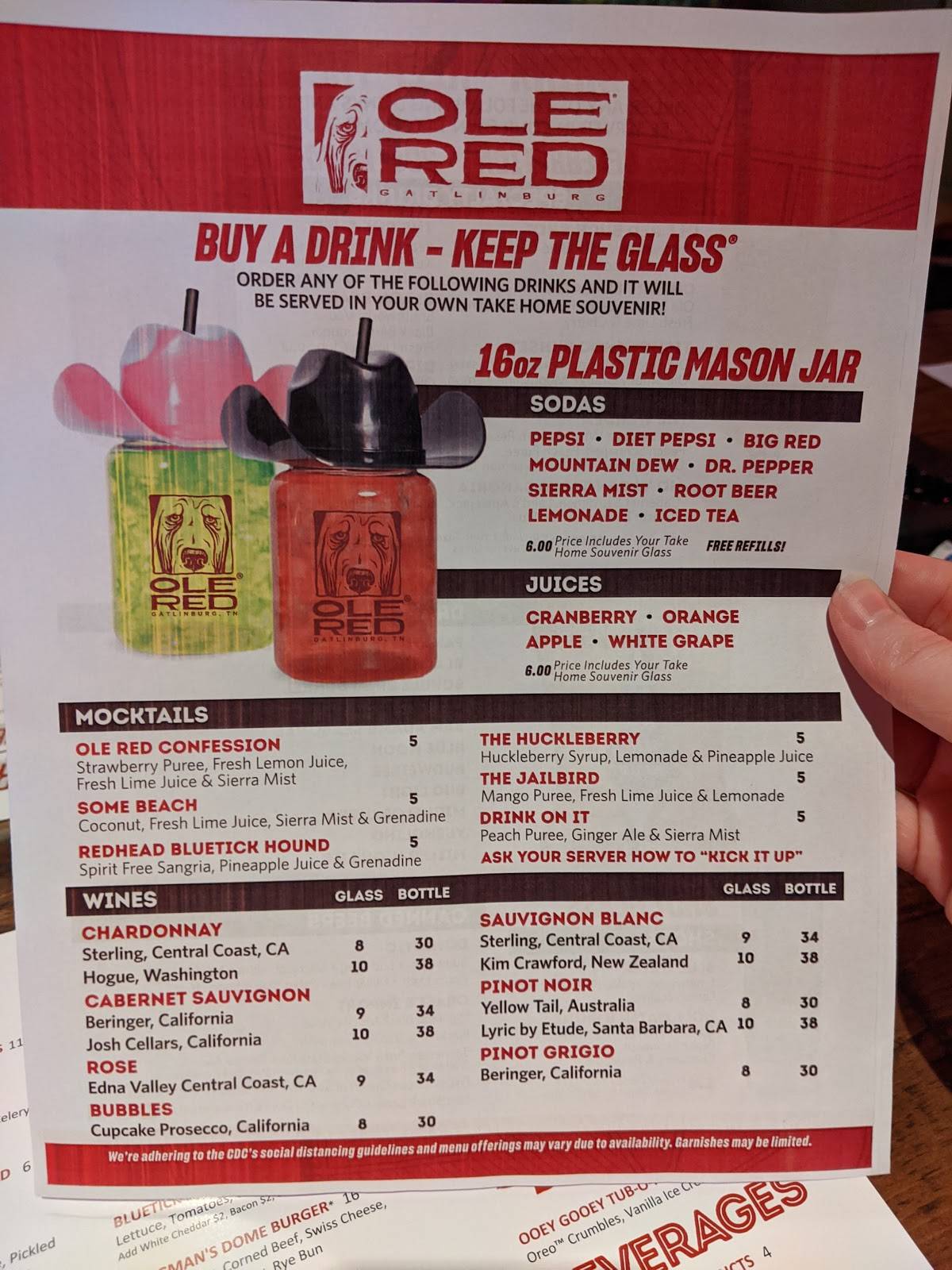 Menu at Ole Red pub & bar, Gatlinburg