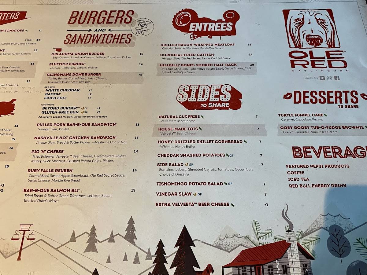 Menu at Ole Red pub & bar, Gatlinburg