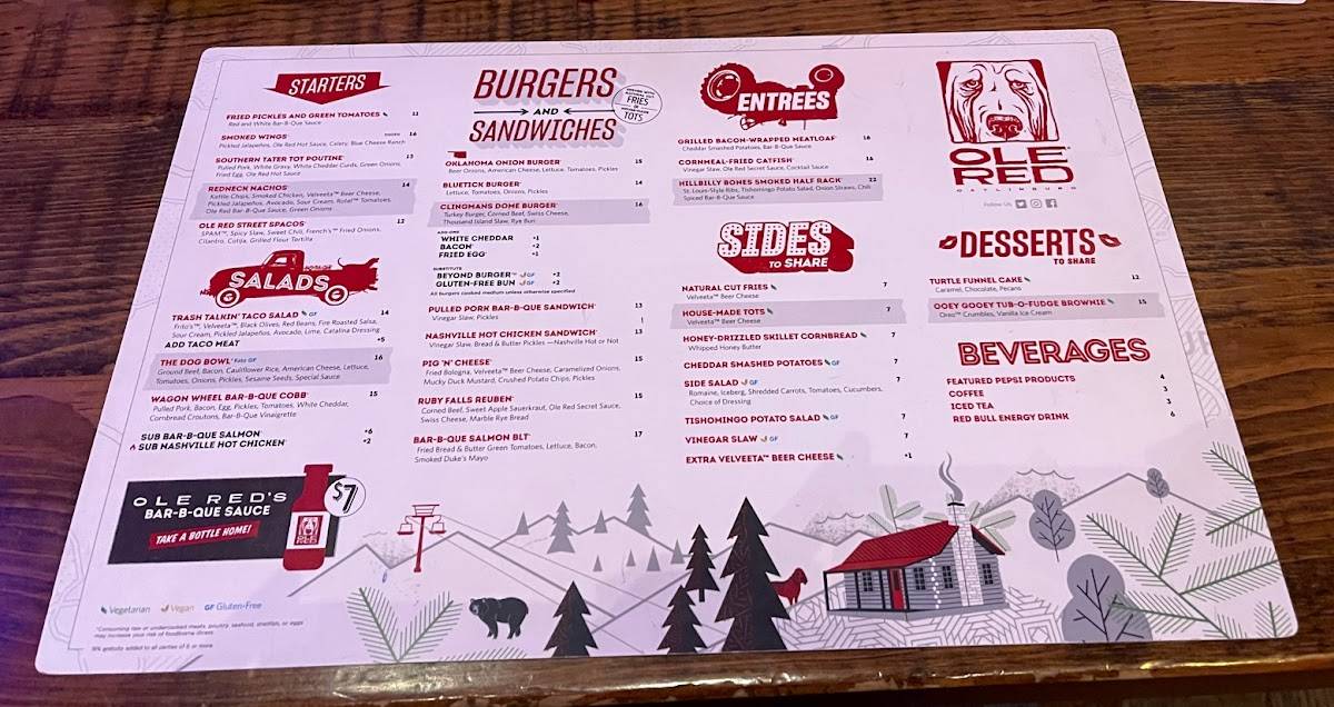 Menu at Ole Red pub & bar, Gatlinburg