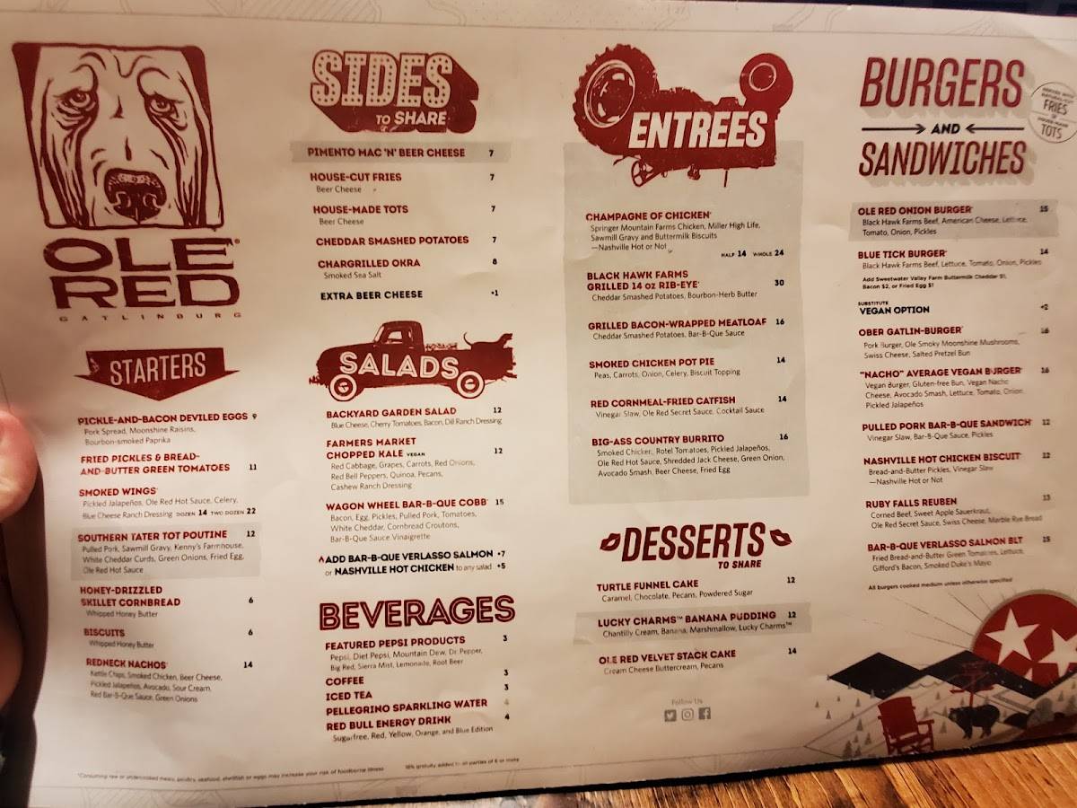 Menu at Ole Red pub & bar, Gatlinburg