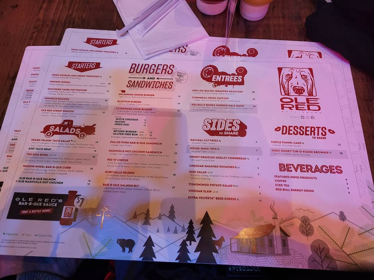 Menu at Ole Red pub & bar, Gatlinburg