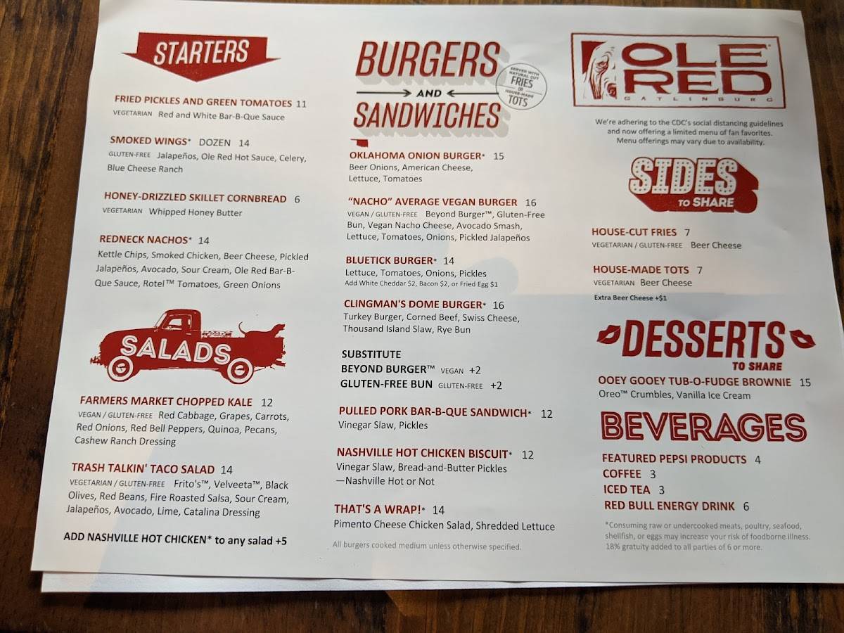 Menu at Ole Red pub & bar, Gatlinburg