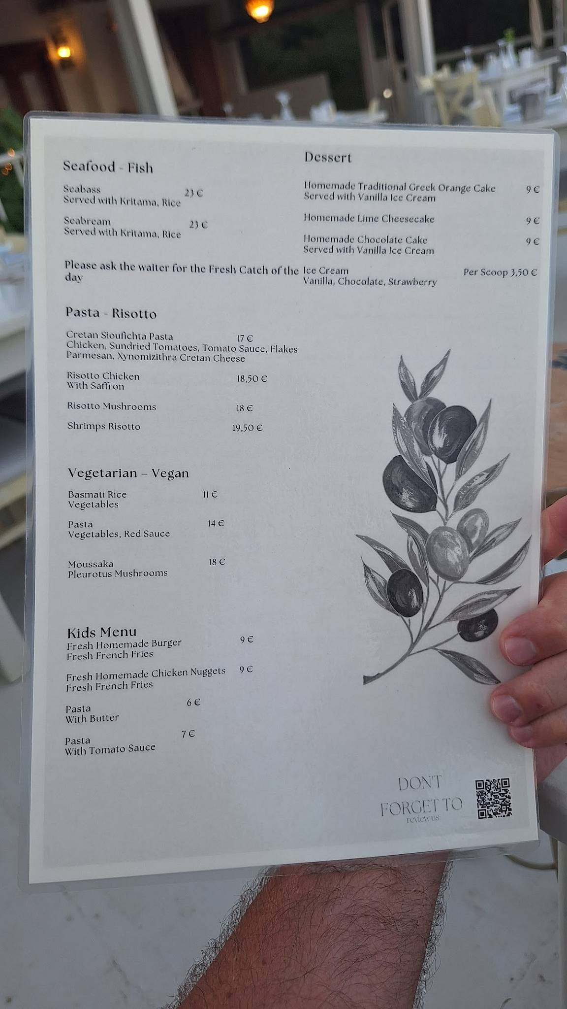Menu at Olive Thea restaurant, Skiathos