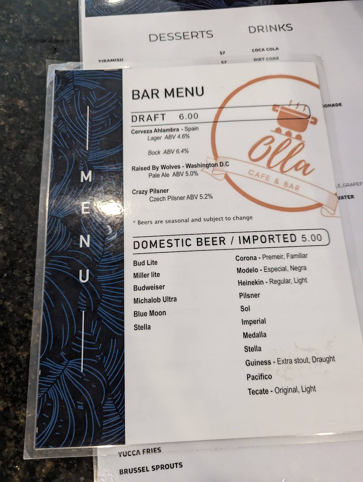 Menu at Olla Cafe & Bar, Stafford, Jefferson Davis Hwy STE 103