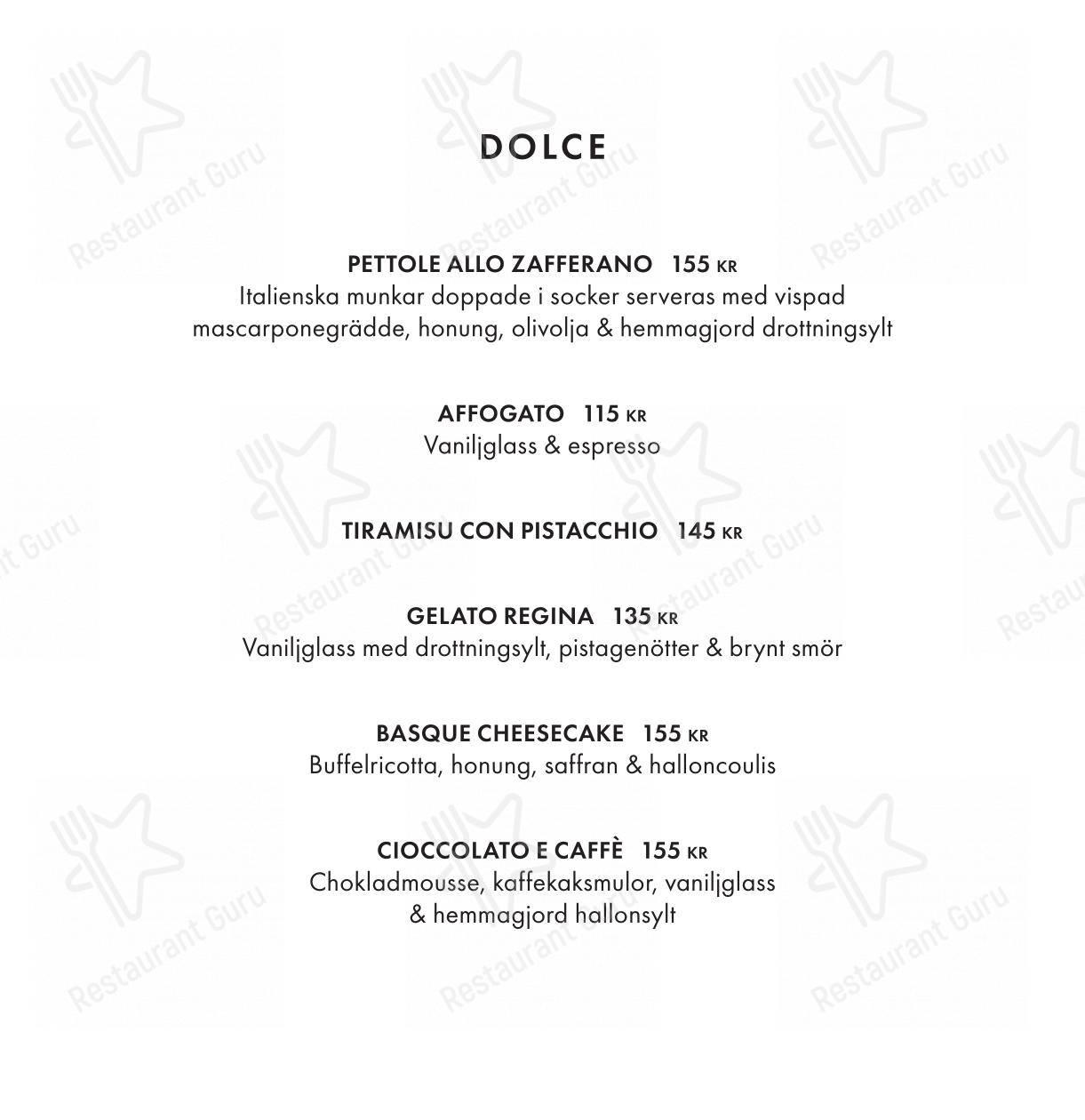 Menu at Olli Ristorante restaurant, Stockholm