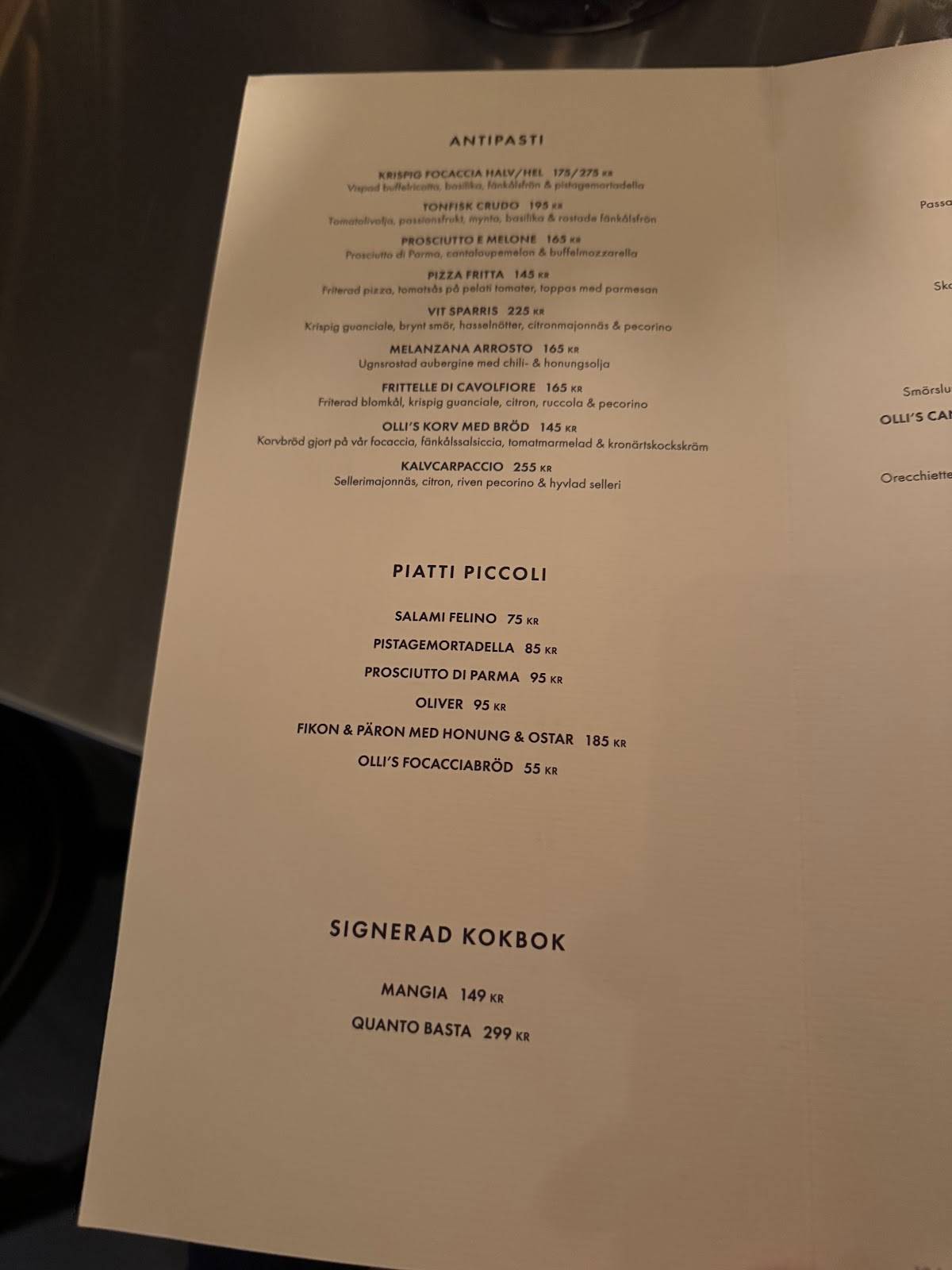 Menu at Olli Ristorante restaurant, Stockholm