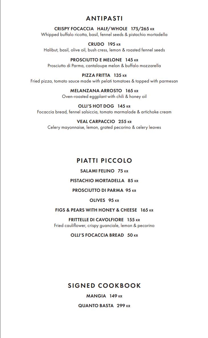 Menu at Olli Ristorante restaurant, Stockholm