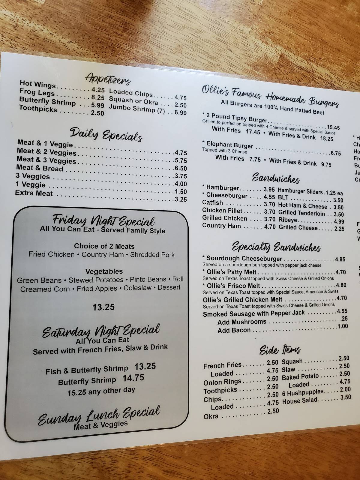 Menu at Ollie's Place restaurant, Celina