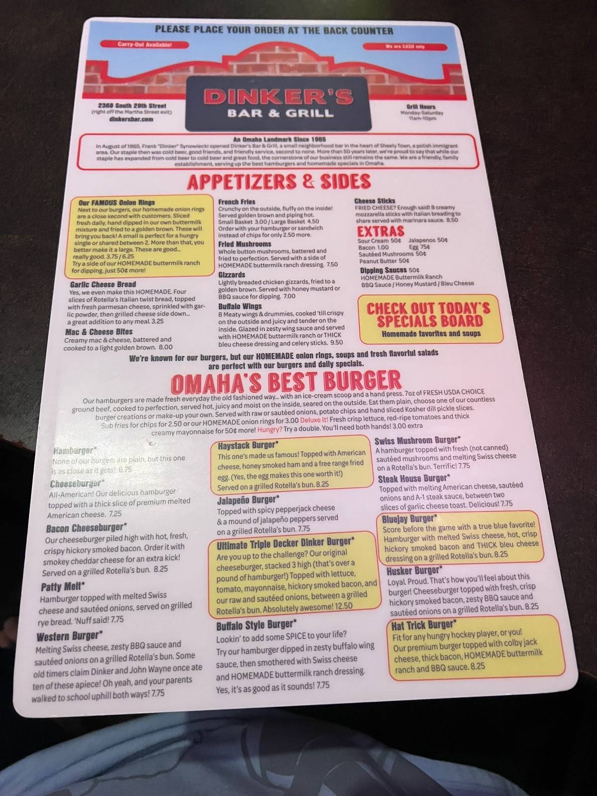 Menu at Dinkers Bar and Grill, Omaha