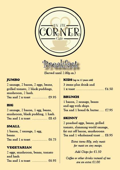 Menu at On The Corner Cafe, Caerwys