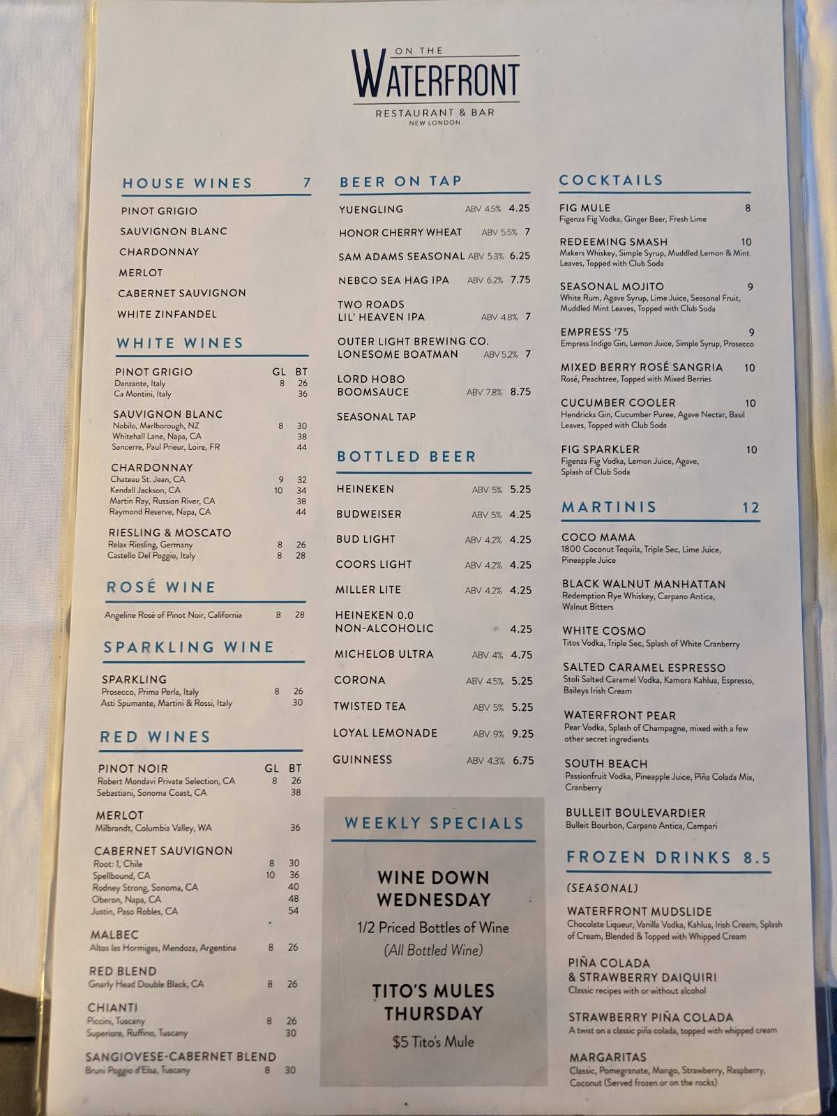 Menu at On The Waterfront Restaurant, New London