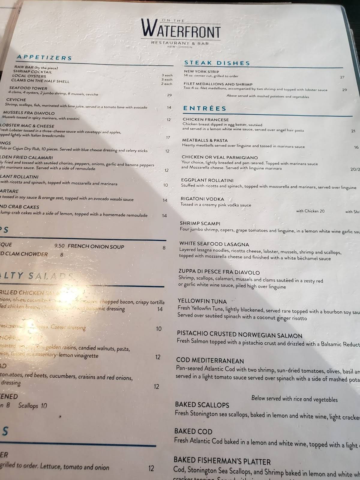 Menu at On The Waterfront Restaurant, New London