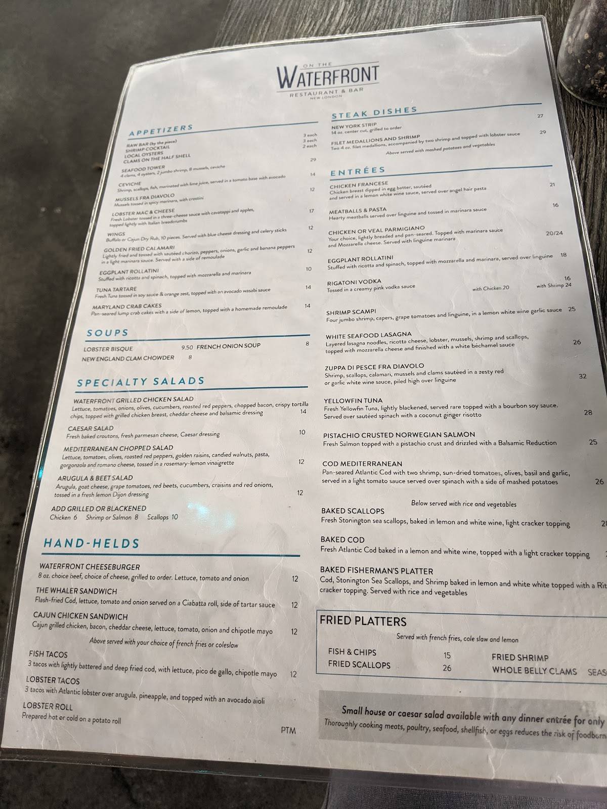 Menu at On The Waterfront Restaurant, New London