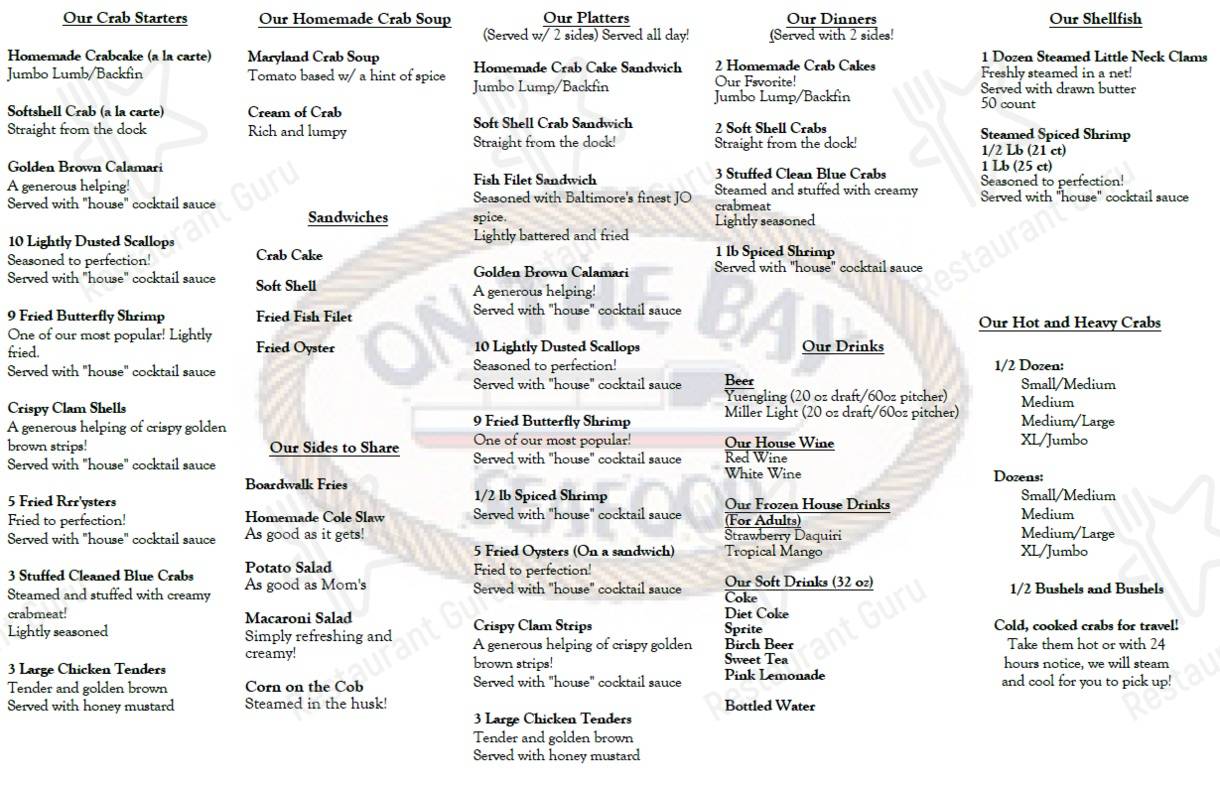 Menu at On the Bay Seafood restaurant, Ocean City, Coastal Hwy