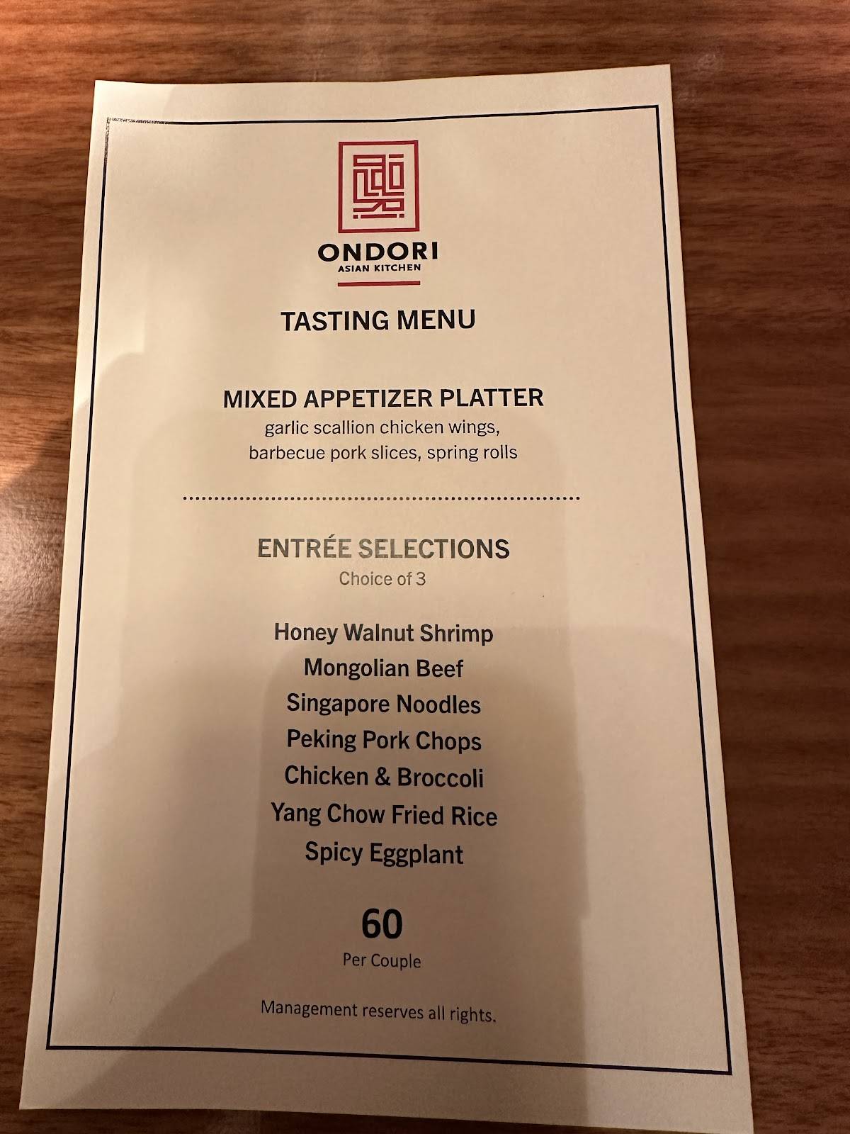 Menu at Ondori Asian Kitchen restaurant, Las Vegas, W Tropicana Ave