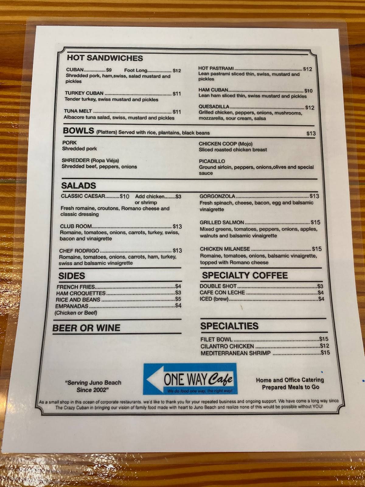 Menu at One Way Café (Crazy Cuban) restaurant, North Palm Beach, US-1