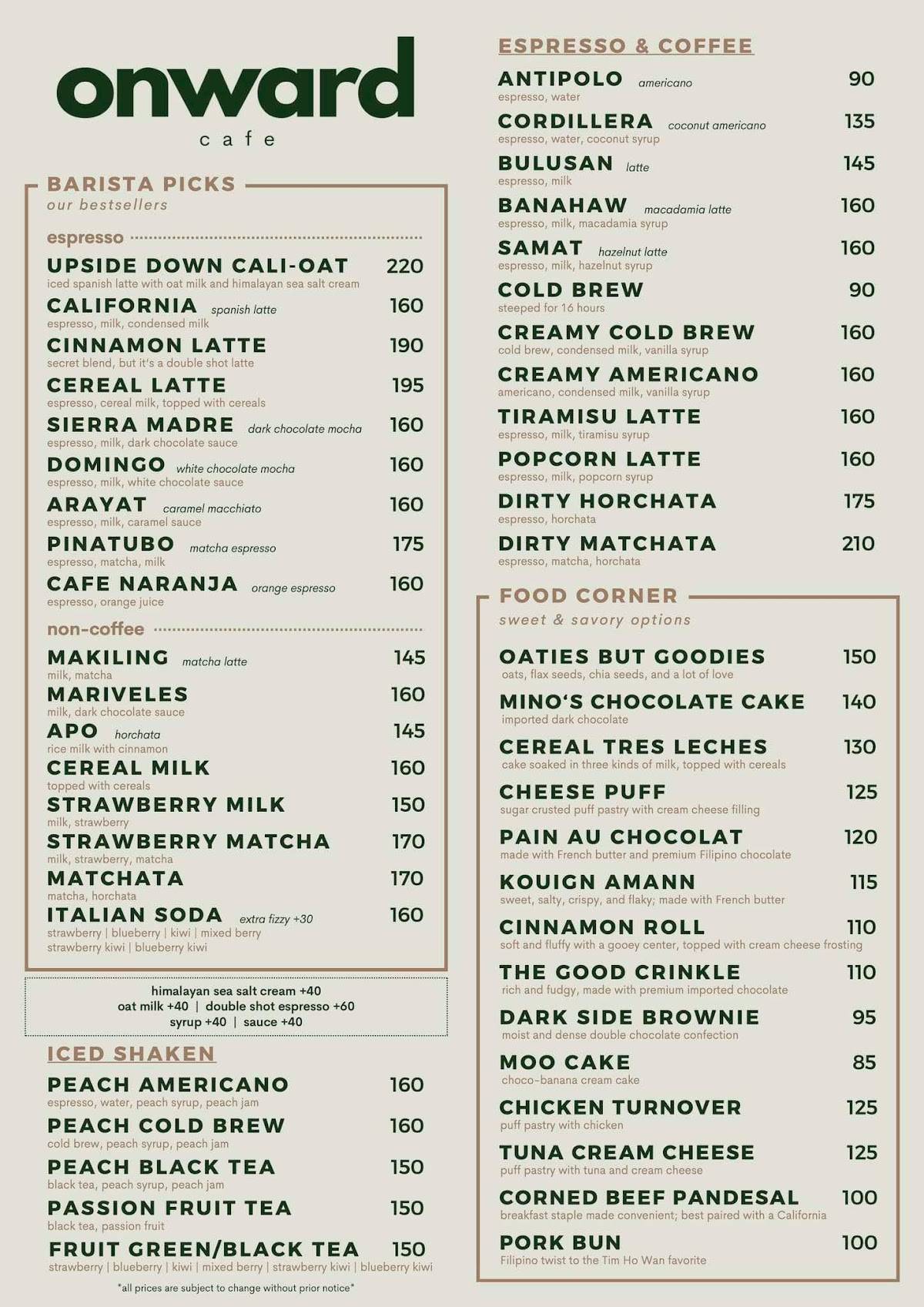 Menu at Onward Cafe, Mandaluyong