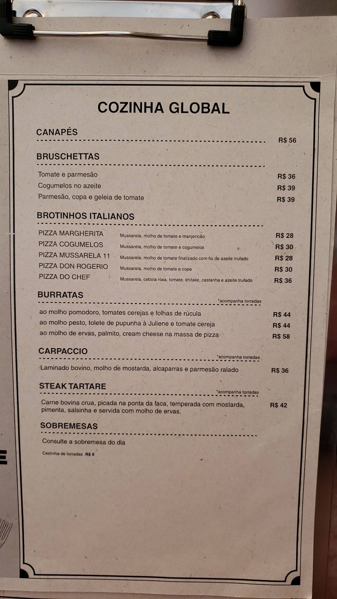 Menu em Onze Skyline Bar, Ribeirão Preto