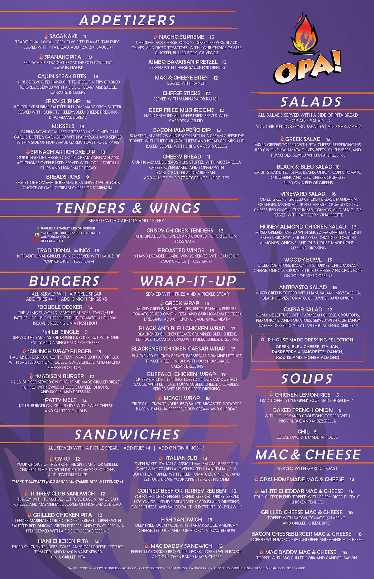 Menu at Opa Food & Spirits restaurant, Orion charter Township