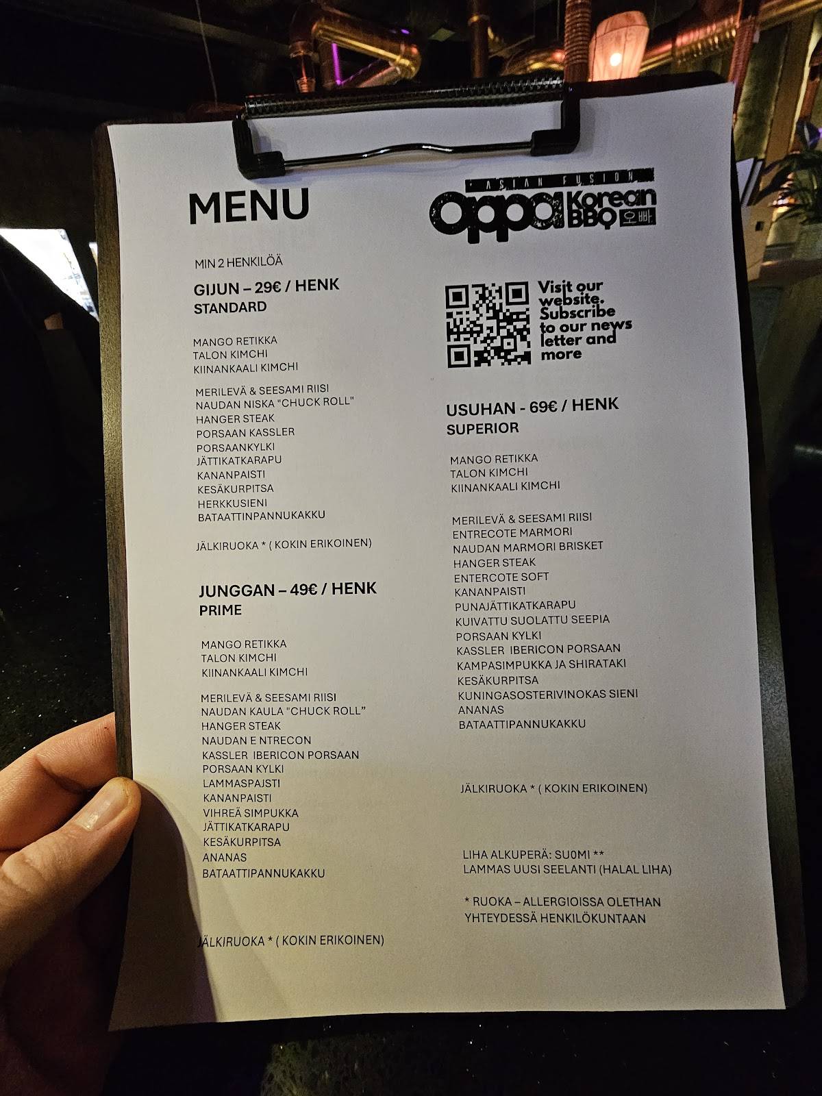 Menu at Oppa Korean BBQ Jumbo, Vantaa