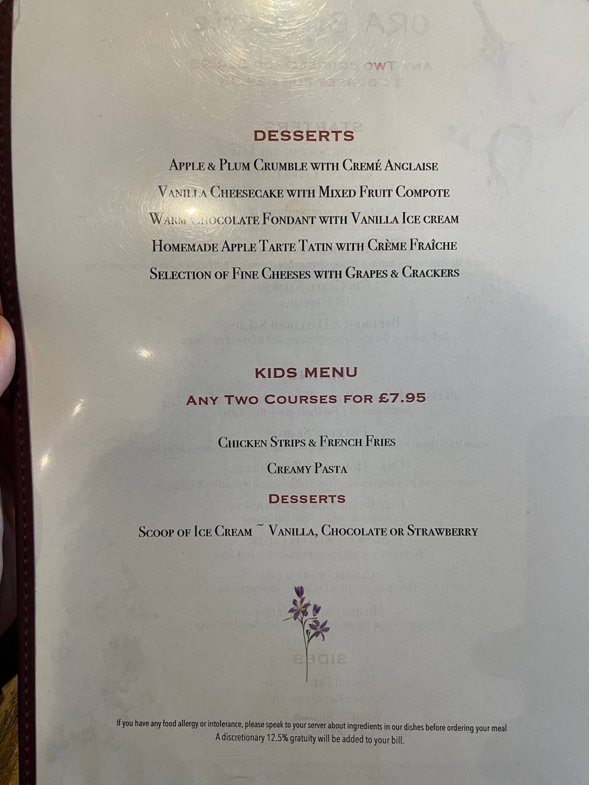 Menu at Ora Brasserie restaurant, Ruislip, 117-119 Victoria Rd