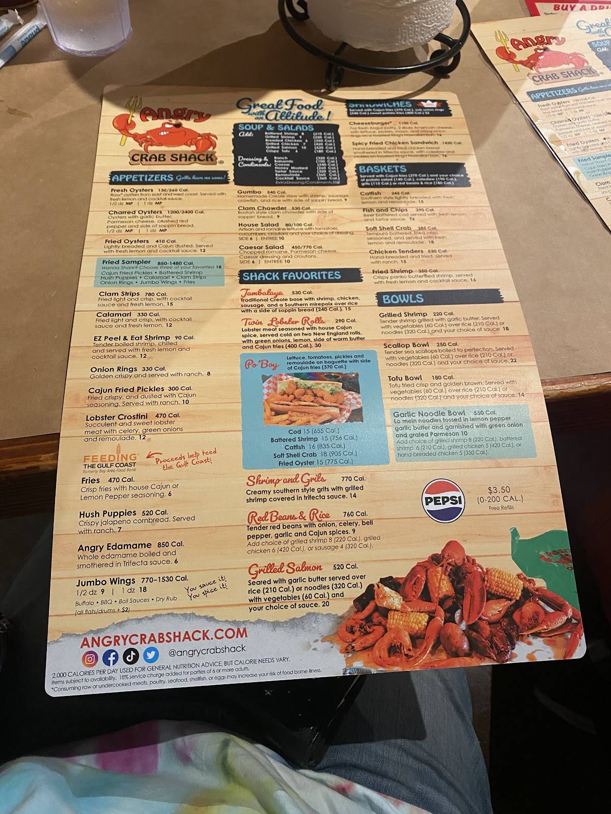 Menu at Angry Crab Shack restaurant, Orange Beach